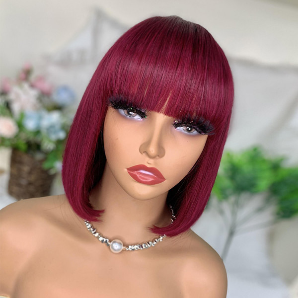 12 Inch Straight 99J Bob Wigs With Bangs Affordable Wigs - Wiggins Hair