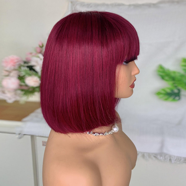 12 Inch Straight 99J Bob Wigs With Bangs Affordable Wigs - Wiggins Hair