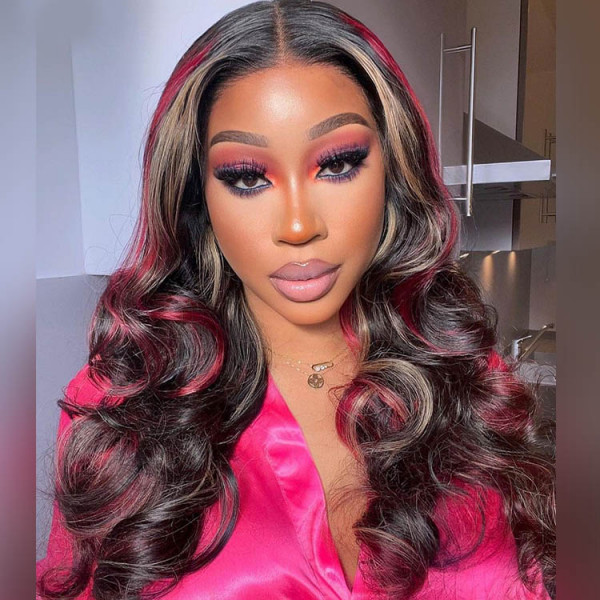 Red Wig With Blonde Highlights 13x4 Lace Front Wig - Wiggins Hair