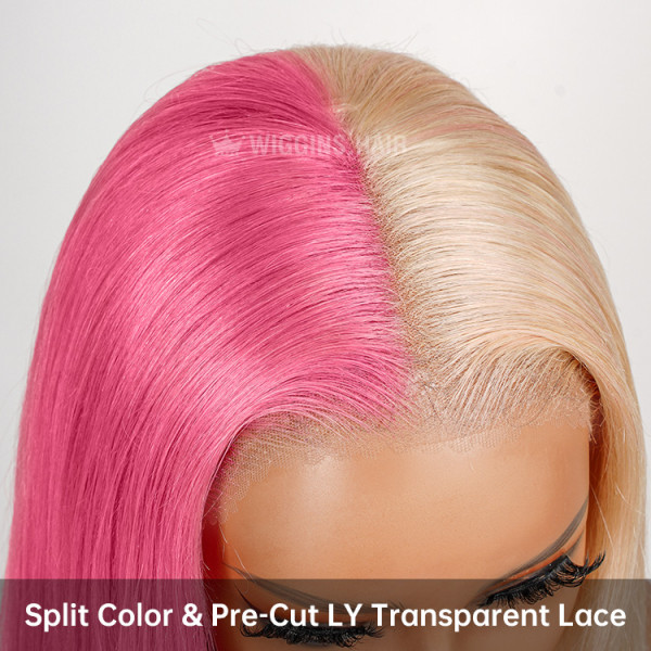 Split Dyed 13x6 Lace Front Wig Straight Half Blonde Half Pink Human Hair - Wiggins Hair
