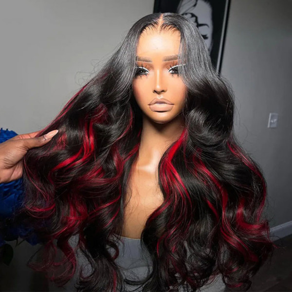 Red Highlights On Black Hair Body Wave Lace Front Wigs - Wiggins Hair ...