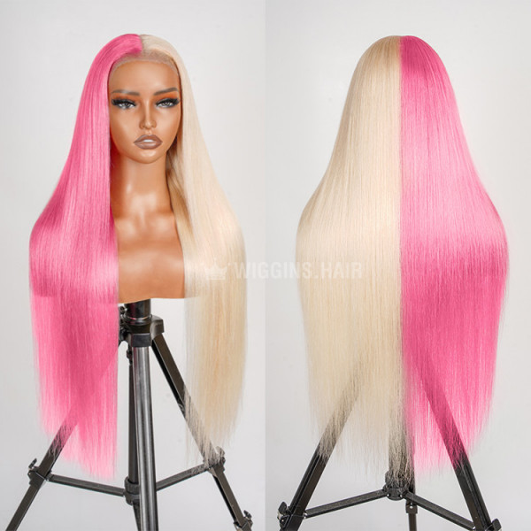 Split Dyed 13x6 Lace Front Wig Straight Half Blonde Half Pink Human Hair - Wiggins Hair
