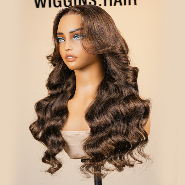 Dark Brown #4 Wig With Curtain Bangs Body Wave Glueless Pre-Cut 7x5 Wig ...