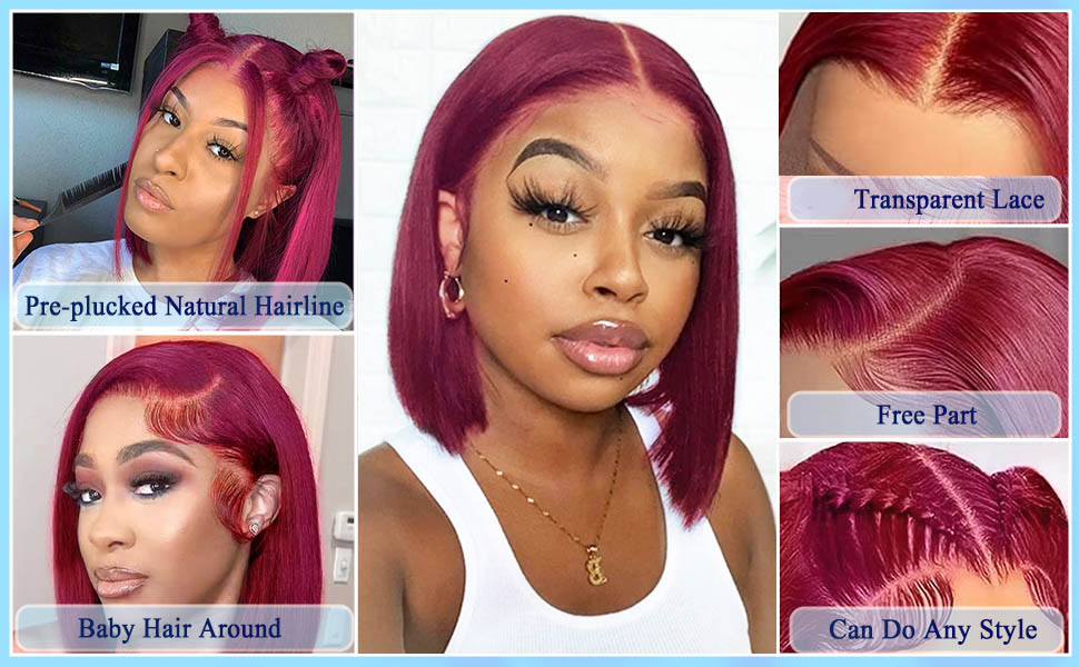 Short Human Hair Wigs 180% Density Bob Lace Cloaure Wig 99J Burgundy ...