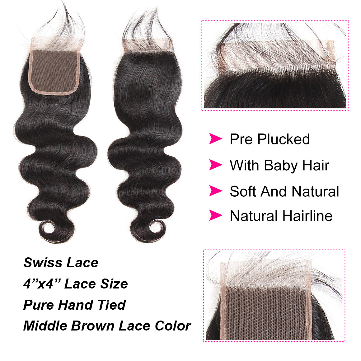 WIGGINS HAIR Body Wave Hair Closure Three part Middle Part and Free ...
