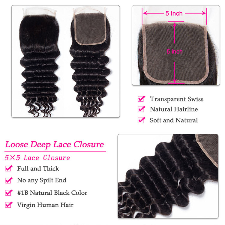 Loose Deep Wave 5*5 Lace Closure Human Hair Melt HD Lace Closure ...