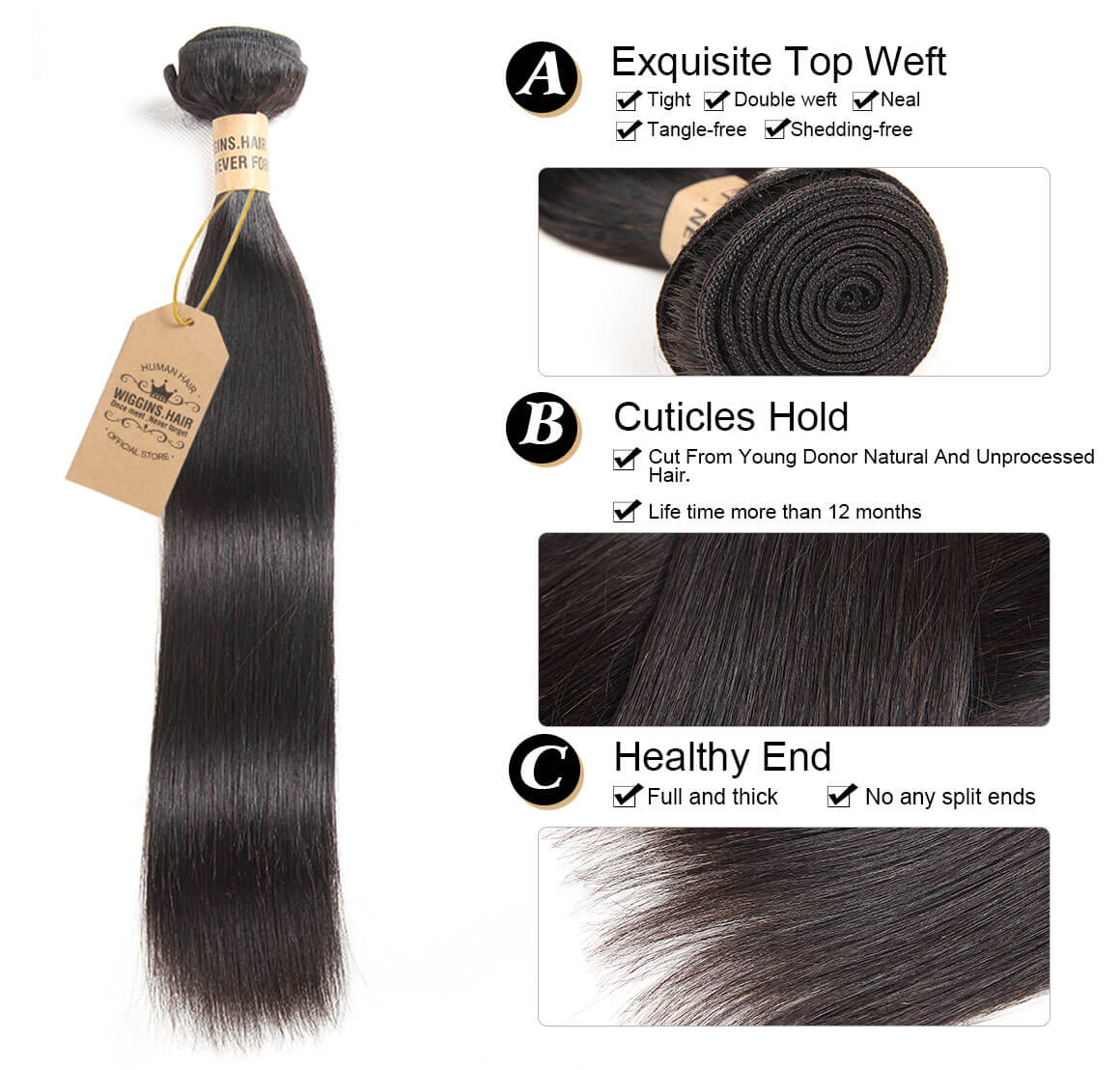 WIGGINS HAIR 3 Bundles Straight Human Hair With Lace Frontal Closure ...